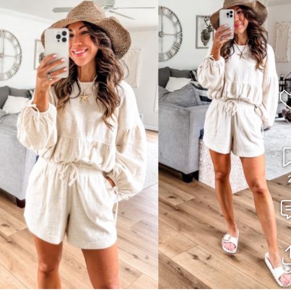 aerie | Tops | Nwt Aerie Cream Top With Cropped Bottom And Bow Sleeve ...